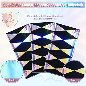 3 Pack Black and Iridescent Diamond Checkered Plastic Tablecloths, Black Gingham Plastic Table Cover, Holographic Foil Rectangle Tablecloth for Wonderland Picnic Camping Oktoberfest Party, 54x108 Inch