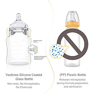 Yooforea Silicone Coated Glass Baby Bottle, 0M+ Slow Flow Nipple I Anti-Colic, Wide Neck, Stable Base I Medical-Grade Silicone Coating for Shatter Protection, BPA BPS PVC Free (2 Pack, 3 Ounce-Cream)
