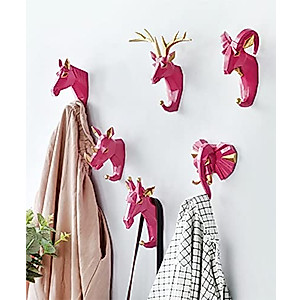 Kopiqin Crafts Home Wall Decoration Elegant Animal Head Resin 6 Set Cartoon Hook Jewelry Key Scarf Bag Hanger Robes Coat Rack for Living Room Bedroom(Deer, Elephant, Rhino,Giraffe,Horse,Goat)