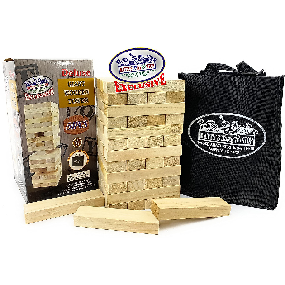Mɑtty's Toy Stop Deluxe 51pc Giant Wood Tower Stacking Game with Storage Bag (Starts 17" Tall)