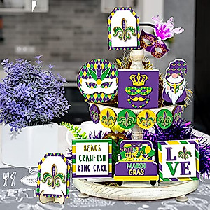 13 Pcs Mardi Gras Tiered Tray Decor Set Include Rustic Gnome Truck Mask Wood Sign Letter Sign Decoration Mardi Gras Table Decor for Xmas Decoration Home Kitchen Table Shelf Decorations