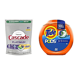 Cascade Platinum Boost Dishwasher Pods, Actionpacs Dishwasher Detergent, Lemon, 37 Count & Tide Pods Laundry Detergent Soap Pods, Original Scent, 42 Count