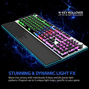 PHILIPS Wired Gaming Keyboard with Palm Rest | LED RGB Mechanical Keyboard w/Custom Cyan Crystal Switches, 38-Key Aliasing, Multimedia Control Dials | 20 Light FX, Custom Light Maps (SPK8624)