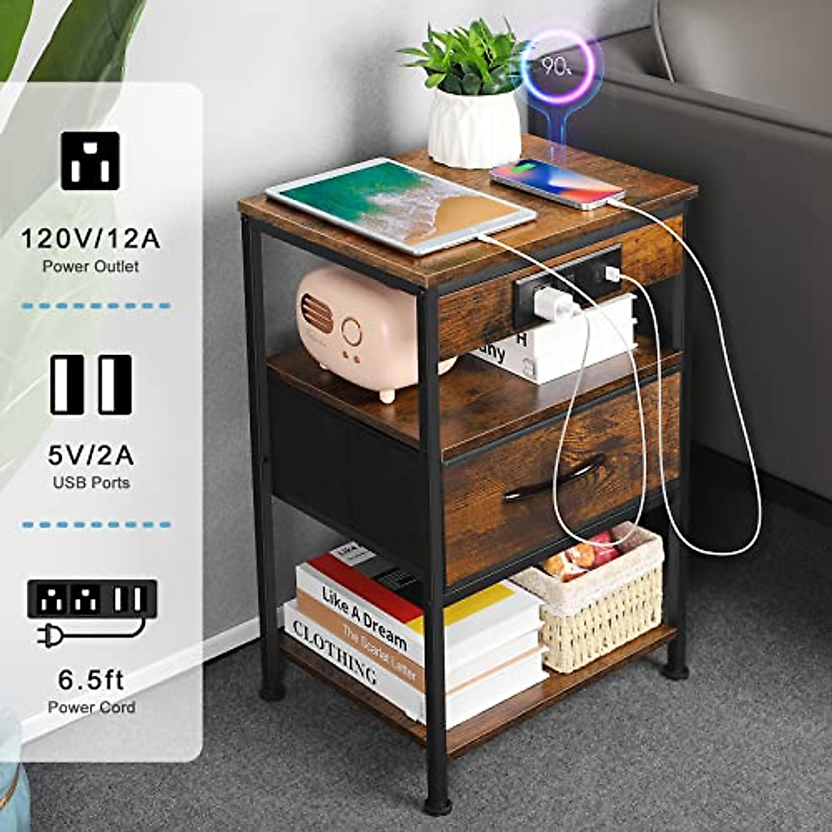 Nightstand with Charging Station Bed Side Table with Fabric Drawer 3-Tier End Table with USB Ports and Outlets Industrial Night Stand for Bedroom Living Room Vintage Brown