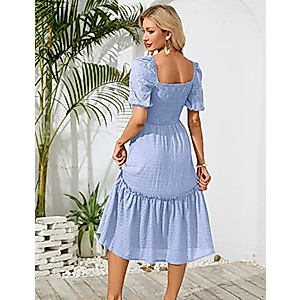 MURMUREY Womens Summer Puff Short Sleeve Boho Smocked Dress Square Neck Empire Waist A Line Layered Midi Dresses