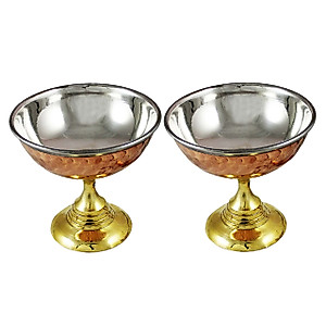 PARIJAT HANDICRAFT Pack of 4 Ice Cream Cup Bowl with Stand Copper Stainless Steel Tableware for Desserts.