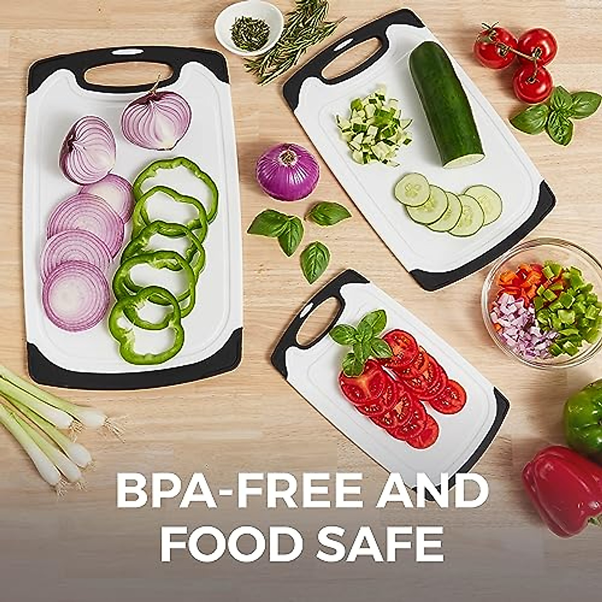 Home Genie 100% BPA-Free Reversible Cutting Board Set of 3, Dishwasher Safe, Slip Resistant Handle Border, Juice Grooves, Durable Large Plastic Chopping Boards for Kitchen, Cooking Food, Pitch Black