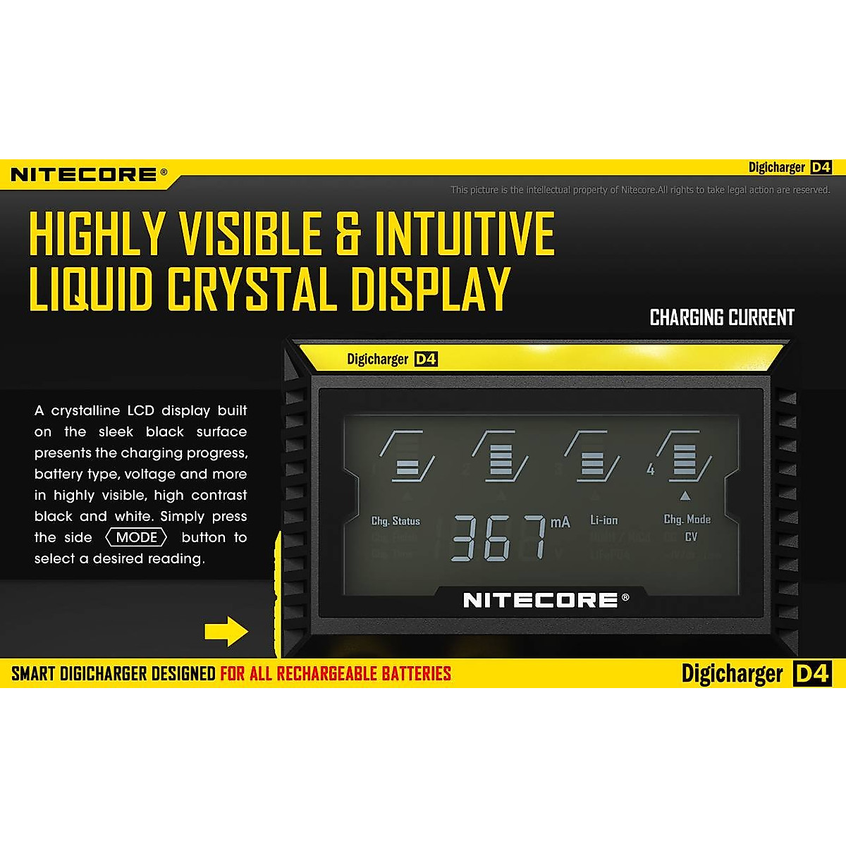 EdisonBright Nitecore D4 Digital Smart Battery Charger for Li-ion Ni-MH Ni-CD with 12V DC Car Adapter, NBM40 18650 Battery Magazine Battery Carry Case