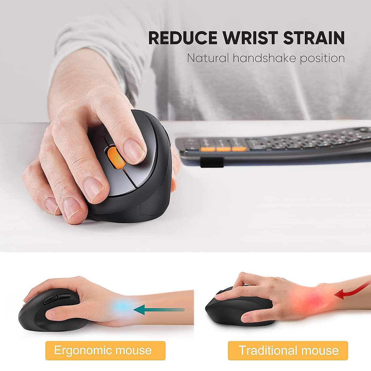 ProtoArc Wireless Vertical Mouse, EM14 Ergonomic Wireless Mouse 2.4G Optical Vertical Mice, 800/1200 / 1600 DPI, Reduce Wrist Strain, for Small Hands