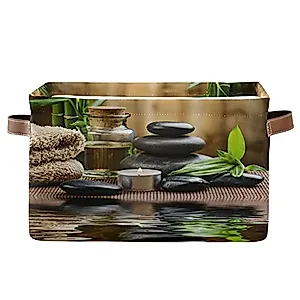 xigua Zen Basalt Stones on Wood Square Storage Basket,Collapsible Sturdy Fabric Storage Basket Cube W/Handles for Clothes Toy Closet(1 pcs)