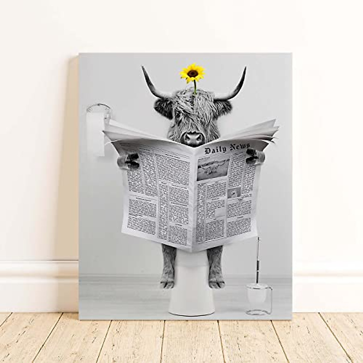 FOTRIC Highland Cow Reading Newspaper In Toilet Canvas Print Country Cow and Sunflower Wall Art Painting Bedroom Bathroom Framed Wall Decor (Wooden frame8''x10'',A)