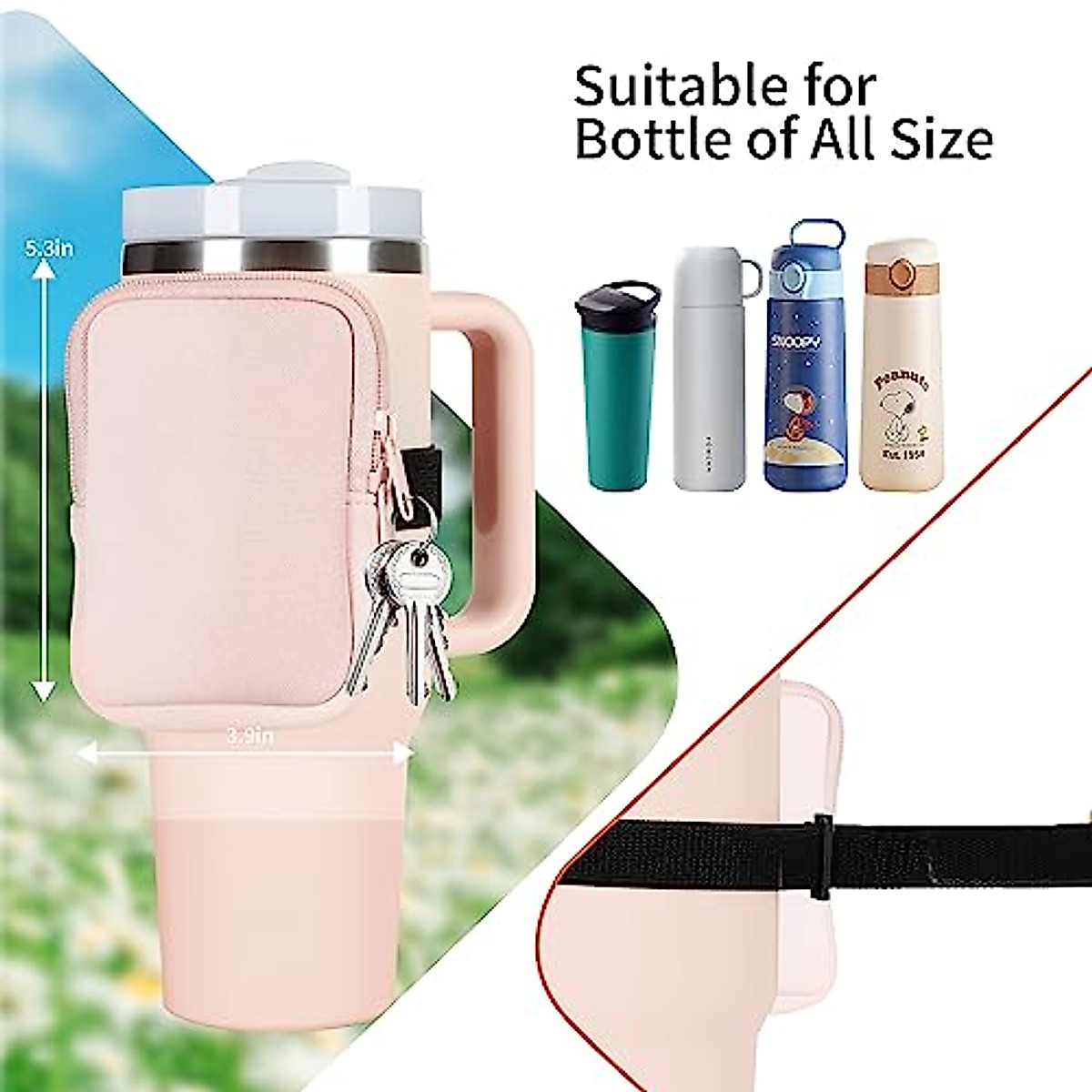 Towsnails Water Bottle Pouch for Stanley Quencher Adventure 20-40oz, Gym Tumbler Accessories for Women Men for Running, Workout Water Bottle Handheld Caddy Compatible with Stanley Tumbler-Pink