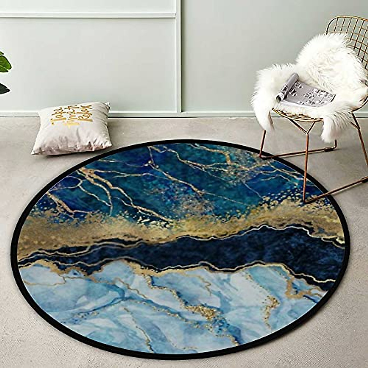 Blue Marble Gold Foil Glitter Illustration Round Area Rug Circle Floor Mat Polyester Carpet Ultra Soft Comfort Nonslip Machine Washable for Indoor Living Room Bedroom Home Decor
