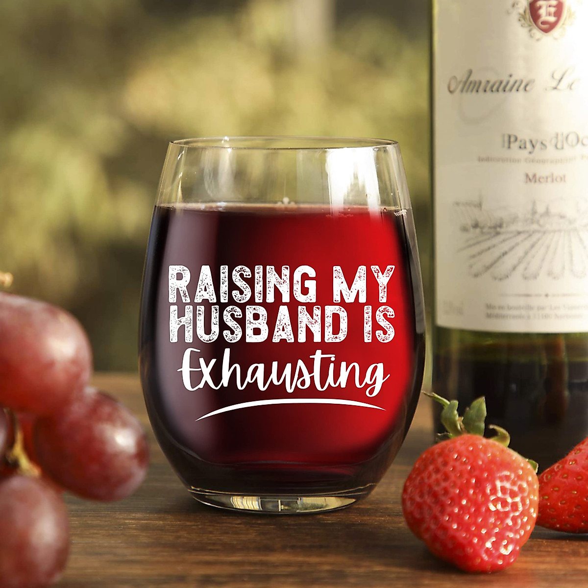 SNG WORLD Raising My Husband Is Exhausting Wine Tumbler Drinking Glass Stemless Wine Glass 21 Oz with Funny Sayings For Women