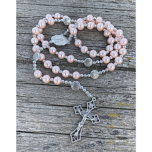 Nazareth Store Pink Beads Rosary Necklace Strong Pearl Beaded Catholic Rosary with Our Lady of Graces Medal and Cross