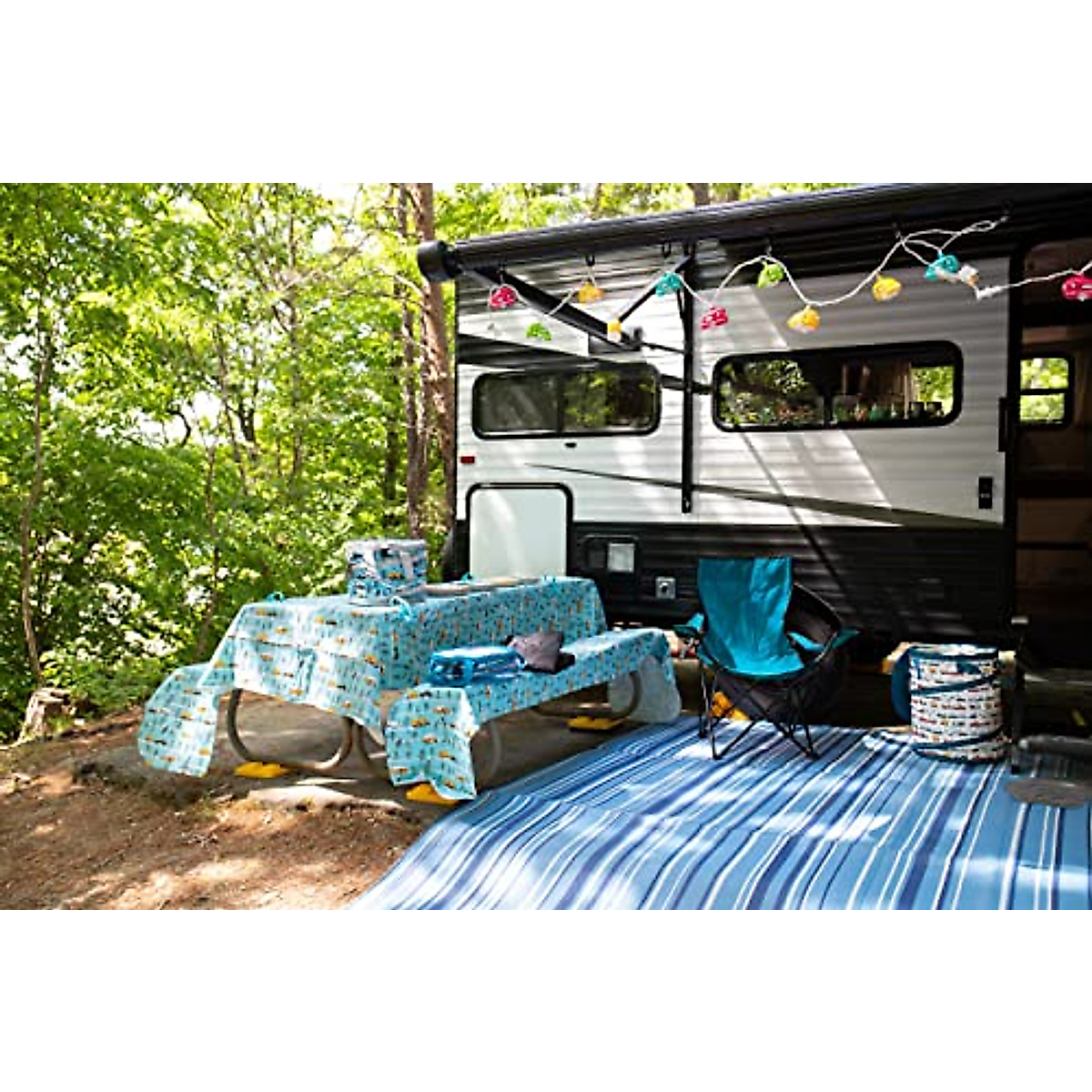Camco Life is Better at the Campsite Tablecloth with Bench Covers | Provides a Clean Eating Surface for Outdoor Activities | Features an RV and Tree Sketch Design | (53380)