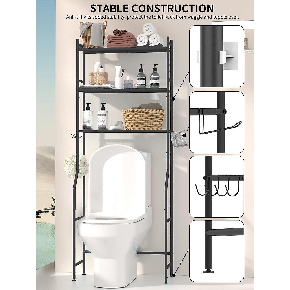 GloTika 3-Tier Over The Toilet Storage, Space Saver Metal Bathroom Shelves, Freestanding Above Over Toilet Storage Shelf with 4 Hooks for Bathroom, Black
