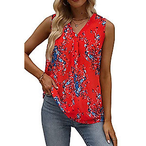 MIDOSOO Summer Tank Tops for Women Elegant Chiffon Sleeveless Shirts Fold Pleated Blouses Floral Red Medium