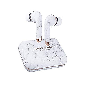 Happy Plugs Air 1 Plus – Luxury Wireless in-Ear Earbuds – Design Bluetooth Headphones with Charging Case and Built-in Microphones – Up to 40 Hours Playtime - White Marble