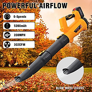 Cordless Leaf Blower - 320CFM 208MPH 21V Electric Handheld Leaf Blower with 5.2Ah Battery and Charger, 6 Variable Speed Leaf Sweeper for Leaves, Snow Debris, Dust, Yard Cleaning (Yellow)