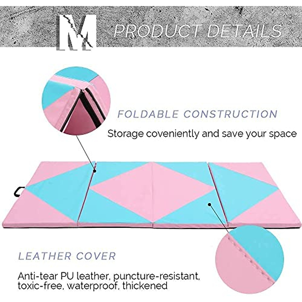 PanAme Folding Gymnastics Exercise Mats, 10’x4’x2” Thick Gymnastics Tumbling Mats, Lightweight Gymnastics Panel Mat with Carrying Handle for MMA, Yoga, Home Gym, Fitness (Pink)