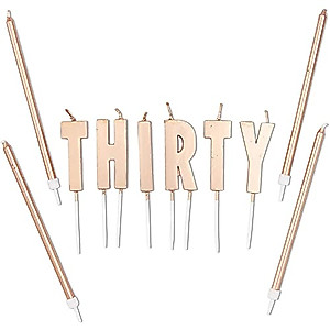 Cake Topper 30th Birthday with Thin Candles in Holders (Rose Gold, 30 Pack)