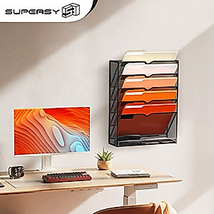 SUPEASY 6-Tier Wall File Organizer with Hooks, Hanging Wall File Holder for Papers, Folders, Files Clipboard & Magazine Organization Great for Office Home, Black