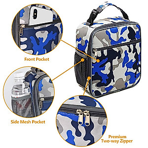 Insulated Lunch Bag, Leakproof Portable Lunch Box for Women Men Boys Girls, Large Capacity Cooler Bag with Handle and Bottle Pocket for Office School Camping Hiking Outdoor Beach Picnic (Camo Blue)