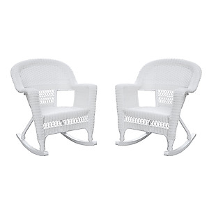 Jeco Rocker Wicker Chair with Green Cushion, Set of 2, White
