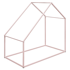 Montessori Floor Bed with Roof, Heavy Duty Metal Floor Bed/Montessori Bed with Playhouse Design, Twin Floor Bed for Kids, Girls, Boys(Not Include Slats), Pink Floor Bed Twin Size