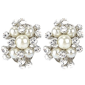 EVER FAITH Austrian Crystal White Simulated Pearl Bridal Cluster Pierced Stud Earrings Clear Silver-Tone