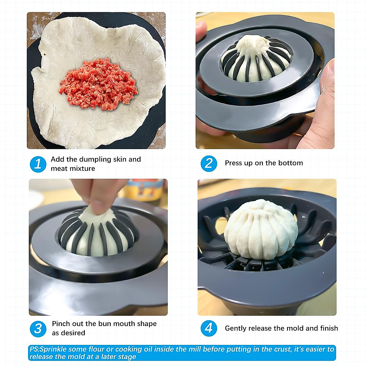 Jnhuy Baozi Maker Machine,6.57" Dumpling Momo Maker Mold Plastic Kitchen Gadget Tool Homemade Bao Buns Preparation Culinary Exploration Ease of Use Cleaning(Gray)