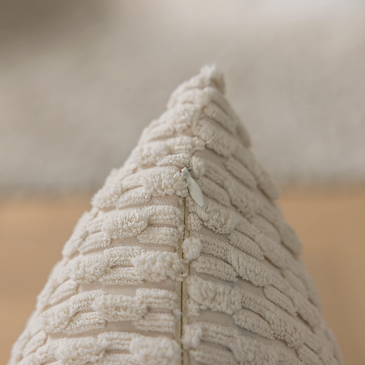 Kevin Textile Decorative Throw Pillow Cover Striped Corduroy Plush Texture Velvet Euro Cushion Cover for Bed 24 x 24 Inch (60cm) Set of 2 Cream