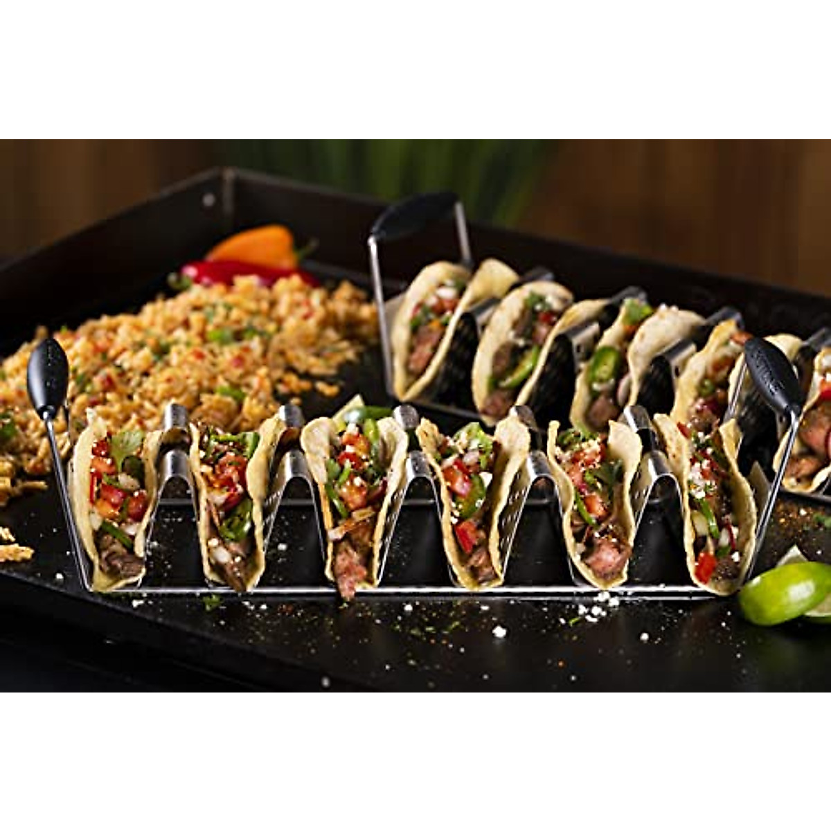 BLACKSTONE 5551 Deluxe Holder Stand Pack of 2 Stainless Steel Racks with Heat Resistant Handles-One Tray Holds 6 Tacos-Dishwasher Safe, Black/Silver