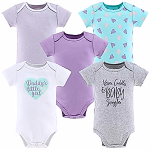The Peanutshell Short Sleeve Baby Bodysuits Set for Baby Girls - Purple, Grey, Mint - 5 Pack Set (Newborn)