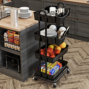 Simple Houseware 4-Tier Multifunctional Rolling Utility Cart with Hanging Buckets, Black