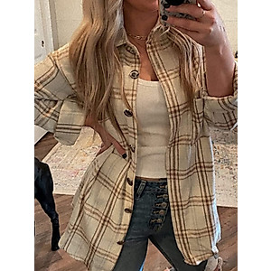 Ladies button shirt long-sleeved plaid top regular-fit casual T-shirt with pockets Khaki Medium