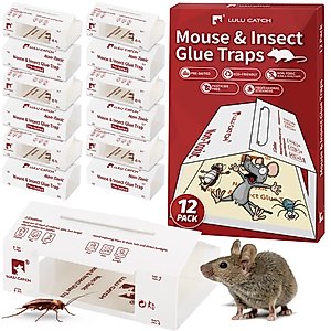 LULUCATCH Sticky Mouse Traps, 12 Pack Pre-baited Glue Traps, Foldable Bulk Non-Toxic Indoor Mouse Glue Boards for Insects, Cockroach, Lizard, & Spider, Pet Child Safe & Easy to Use Pest Control