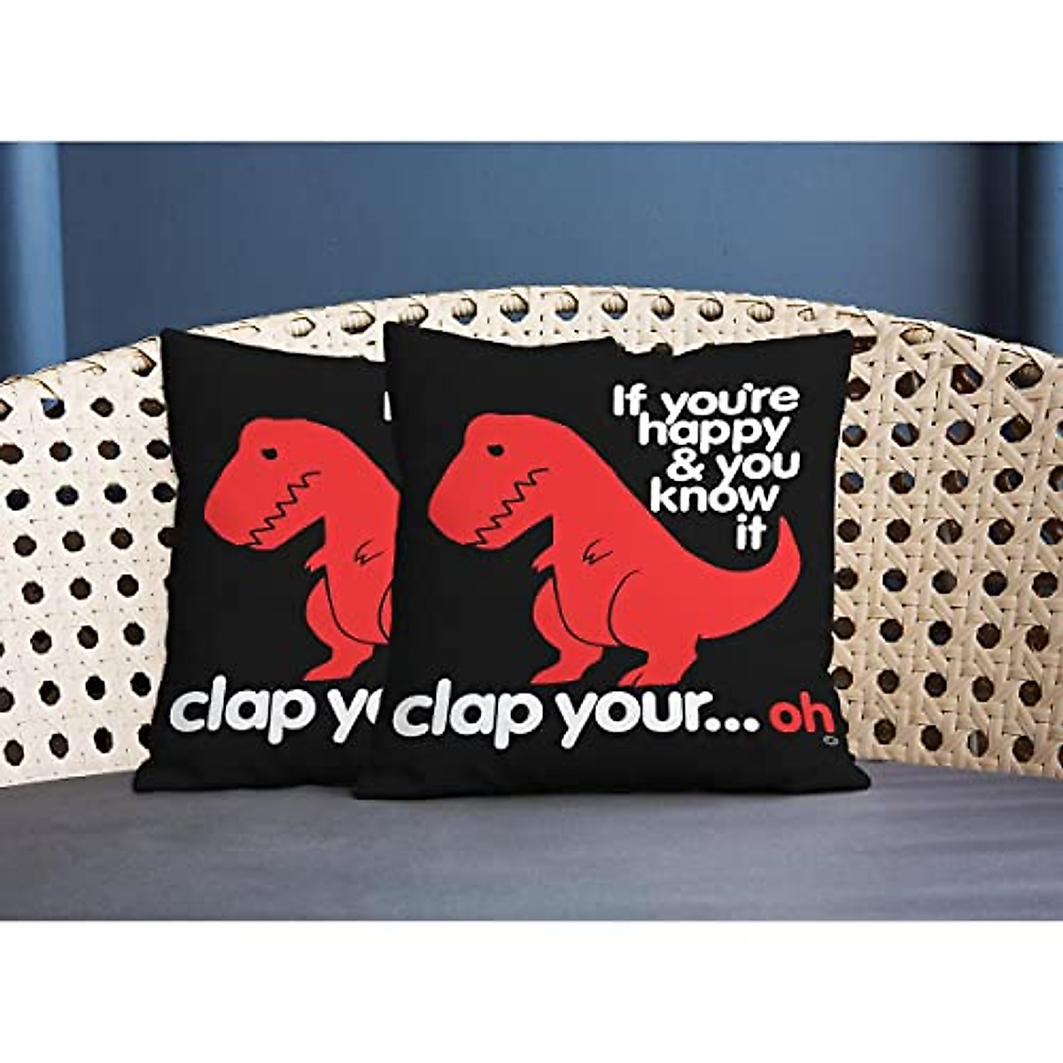 Vosach Dinosaur Outdoor Indoor Pillow Covers, Red Dino If You are Happy You Know It Home Decorative Throw Pillow Case Cushion Cover for Sofa/Bed/Patio/Garden/Balcony, 18x18 Inch, 2 Pcs