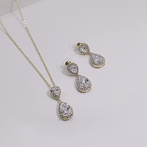 UDORA Teardrop Cubic Zirconia Drop Earrings Necklace Bridal Jewelry Sets Wedding Prom Gifts for Bridesmaid (18K Gold)