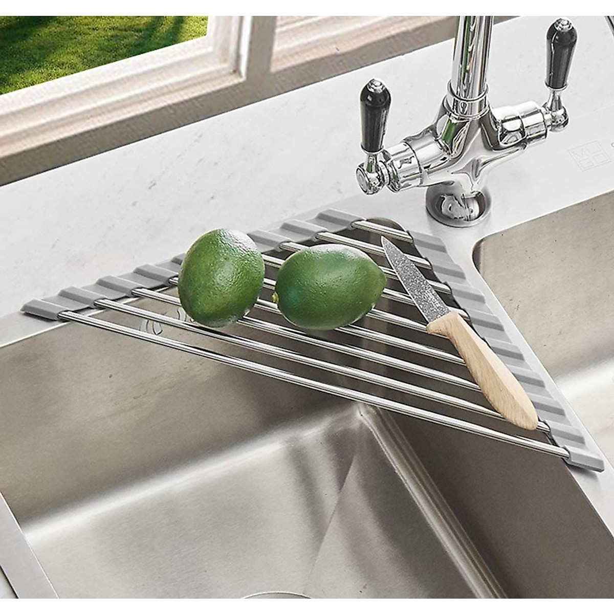 Fafcitvz Triangle Dish Drying Rack Multipurpose Roll-up Drying Rack for Sink Corner Stainless Steel Over The Sink Corner Dish Drainer Mat for Kitchen (Grey)
