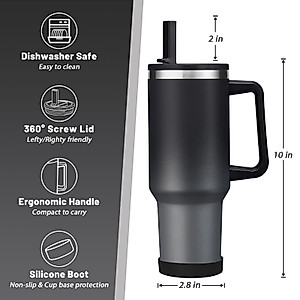 Travel Cups with Lid and Flip Straw - 40 oz Tumbler with Handle, Cold-34H & Hot-10H Insulated Coffee Mug, Metal Hydro Thermal Jug, Spill Proof Water Bottle Fits in Car Cup Holder
