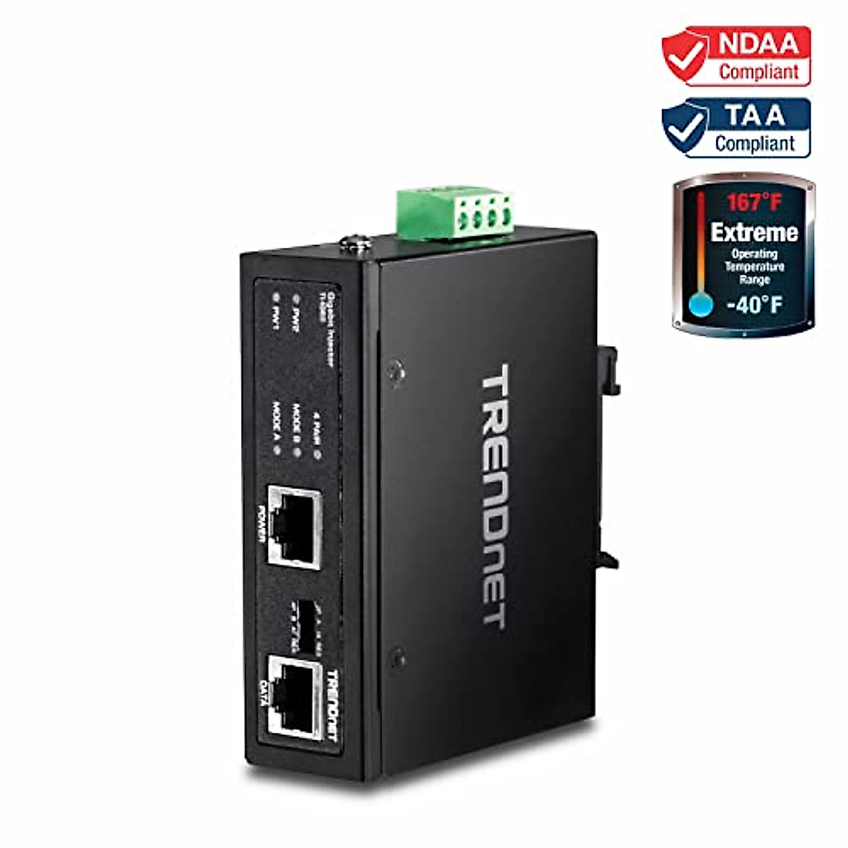 TRENDnet Hardened Industrial 60W Gigabit PoE+ Injector, DIN-Rail Mount, IP30 Rated Housing, Includes DIN-Rail & Wall Mounts, TI-IG60,Black