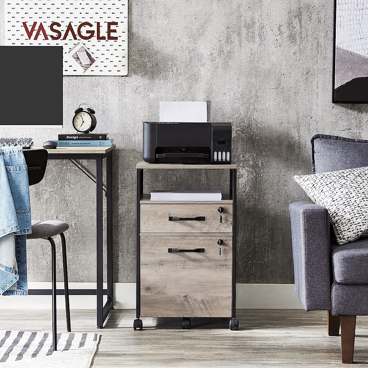 VASAGLE File Cabinet with Lock, Filing Cabinet with 2 Storage Drawers, for Hanging File Folders, Open Shelf, Home Office, Steel Frame, Industrial, Greige and Black UOFC077B02