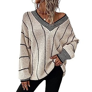 Dokotoo Womens Oversized Long Sleeve Sweaters Winter Trendy V Neck Striped Sweater Fashion Long White Sweaters for Women X-Large