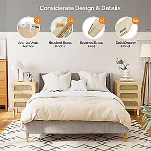 VINGLI Rattan Nightstands Set of 2 with Charging Station, 19" W x 27" H Nightstand 3 Drawer Set of 2, Boho Nightstand/End Table/Side Table, Rattan Bedside Table for Bedroom(Oak, 2 Pack)