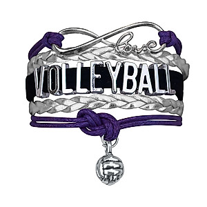 Volleyball Bracelet- Ideal Gifts. Adjustable Charm Bracelet with Moveable Letters, Infinity Symbol & Silver Volleyball Charm. Fashionable Bracelet by SportyBella. (Purple)