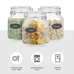 JoyJolt Airtight Glass Jars with Lids Set of 3. 32oz Glass Jar with Lid and 6 Silicone Seals! Med Glass Food Storage Containers. Square Mason Jar, Candy Jar, Sugar Jar, Pasta Containers for Pantry