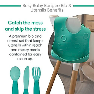 BUSY BABY Bungee Bib & Utensils Bundle | Silicone Bib for Babies & Toddlers with Tethers to Attach Utensils and Keep Them Off The Floor | Dishwasher Safe, BPA Free (Spearmint)