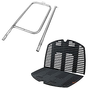 QuliMetal 65032 Grill Burner Tube & 7646 Grill Parts Cast Iron Cooking Grates for Weber Q300, Q320, Q3000 Series Gas Grills Accessories